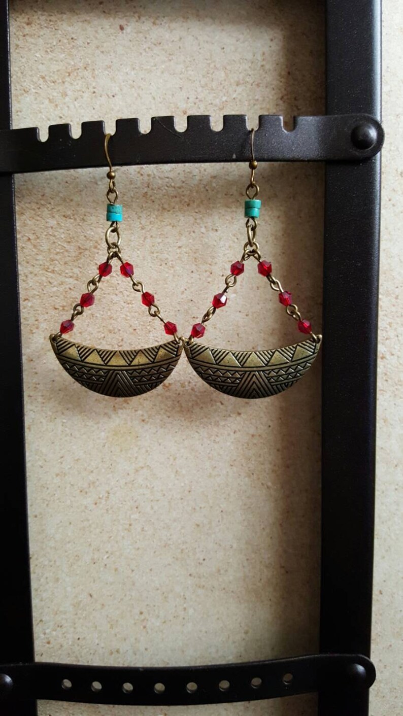 Antiqued Brass and Red Crystals Earrings Turquoise Heishi | Etsy