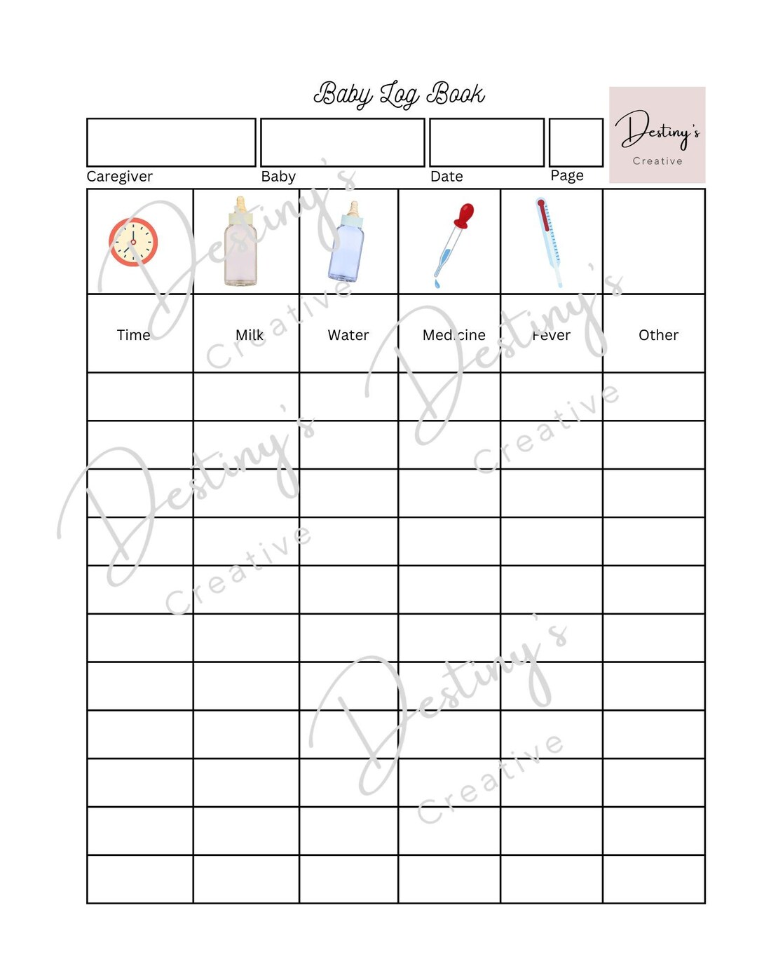 Sick Baby Care Log Book, Printable PDF Page Letter Size, Time, Milk ...