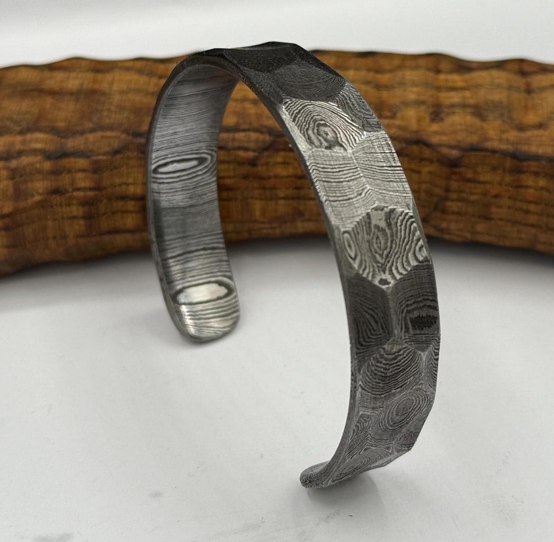 Damascus Hammered Bangle Hand Forged Steel Cuff Bracelet Viking Modern ...
