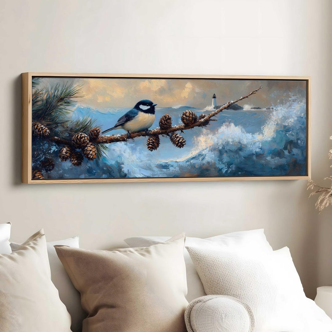 Maine State Bird Art, Black-capped Chickadee Decor, White Pine Cone and ...