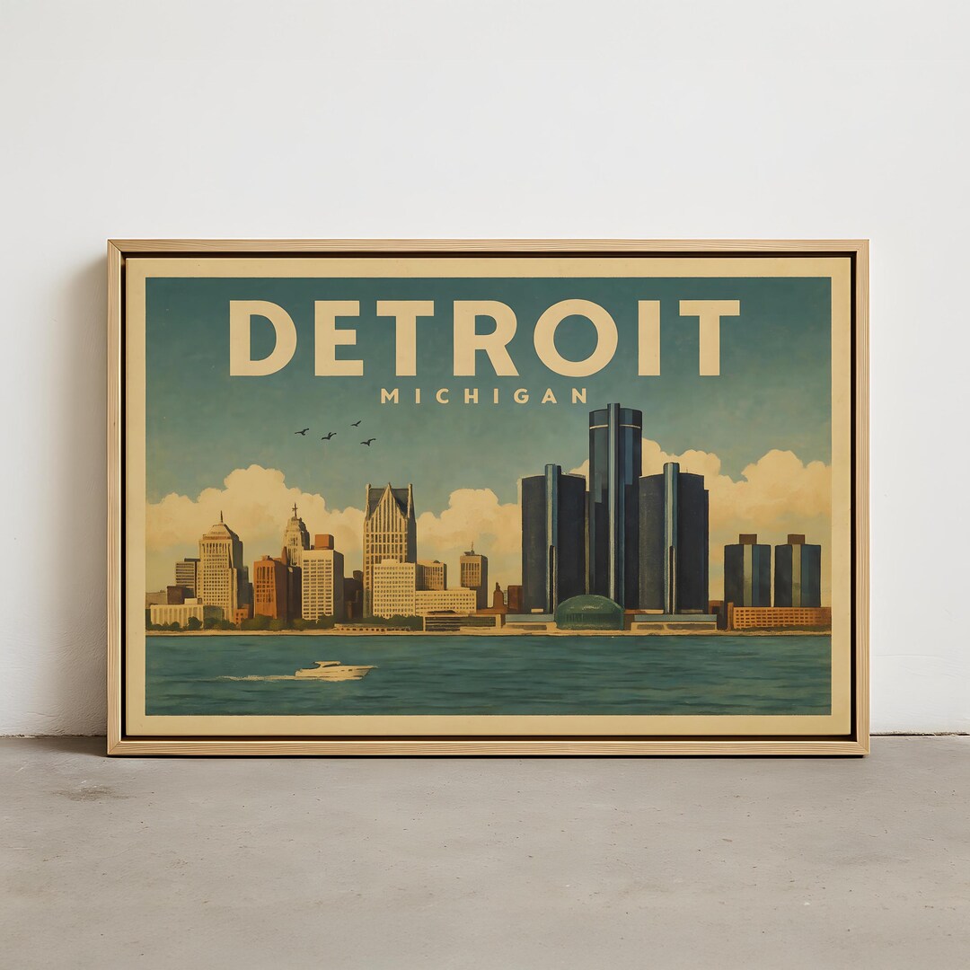 Detroit Skyline Wall Art – Vintage Detroit MI Wall Art Print, Framed ...