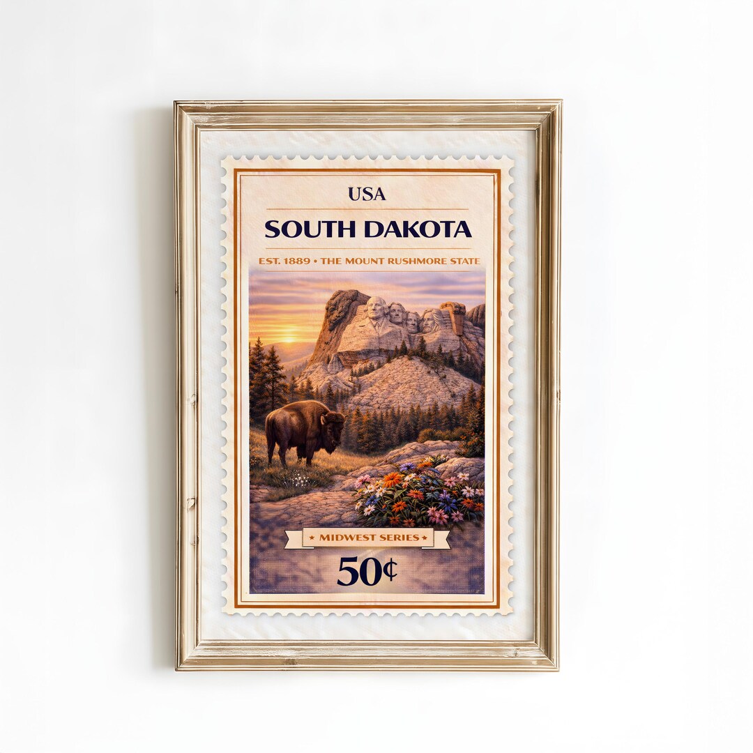 South Dakota Vintage Stamp Poster, USA Travel Print, Mount Rushmore ...