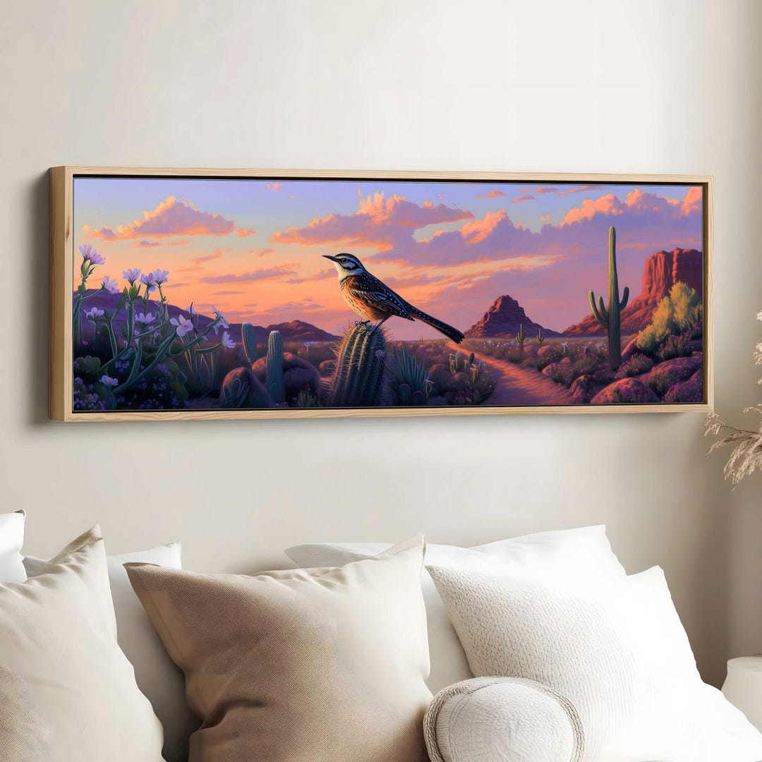 Arizona State Bird Art, Cactus Wren Decor, Saguaro Cactus Blossom Art ...