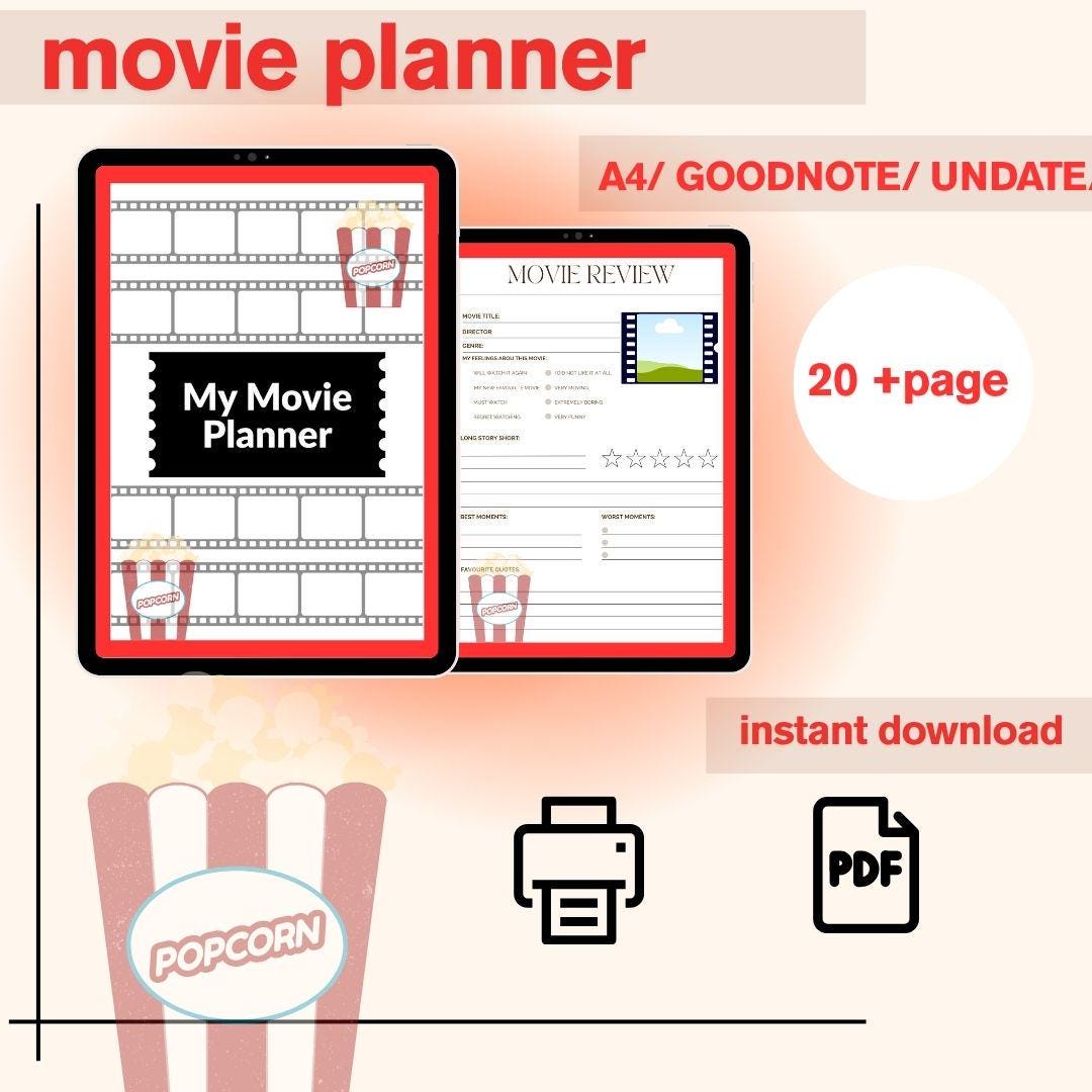 Movie Planner Printable PDF – Film Review Journal, Watchlist & Ratings ...