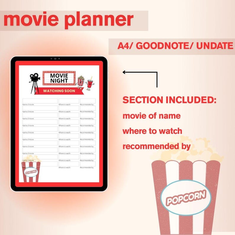 Movie Planner Printable PDF – Film Review Journal, Watchlist & Ratings ...