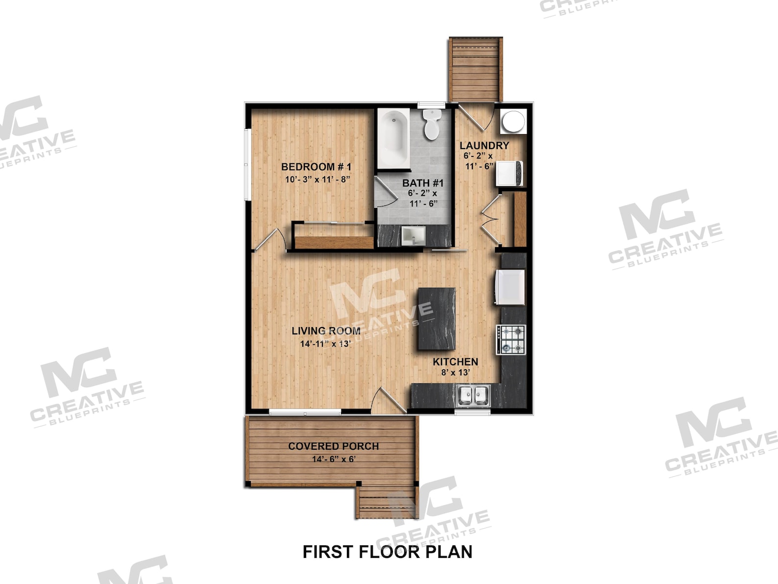 24' X 26' Orchard Cottage House Plan (reversed) | 1 Bedroom 1 Bath ...