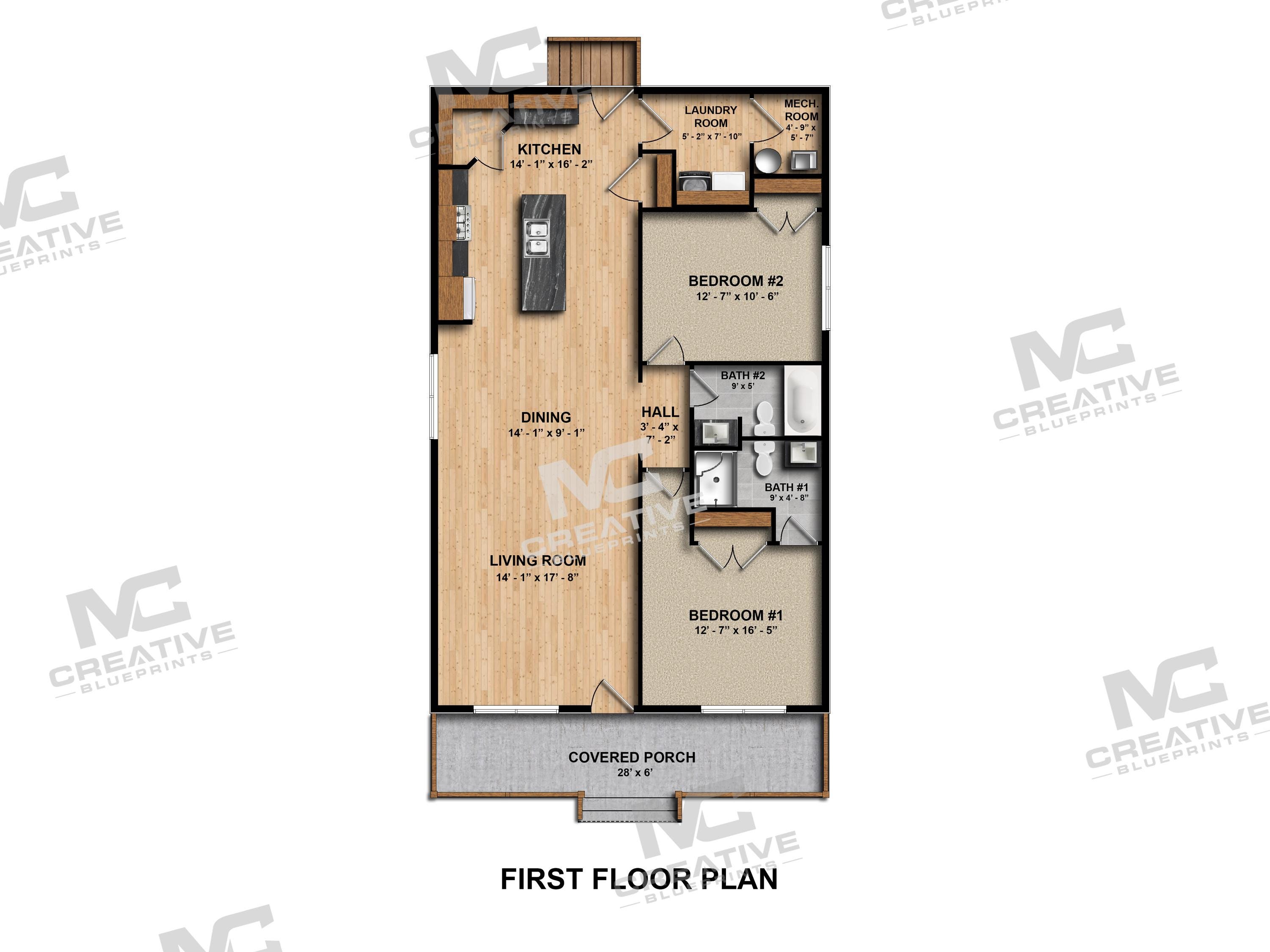 28' X 44' Briarstead Ranch House Plan (reversed) | 2 Bedroom 2 Bath ...