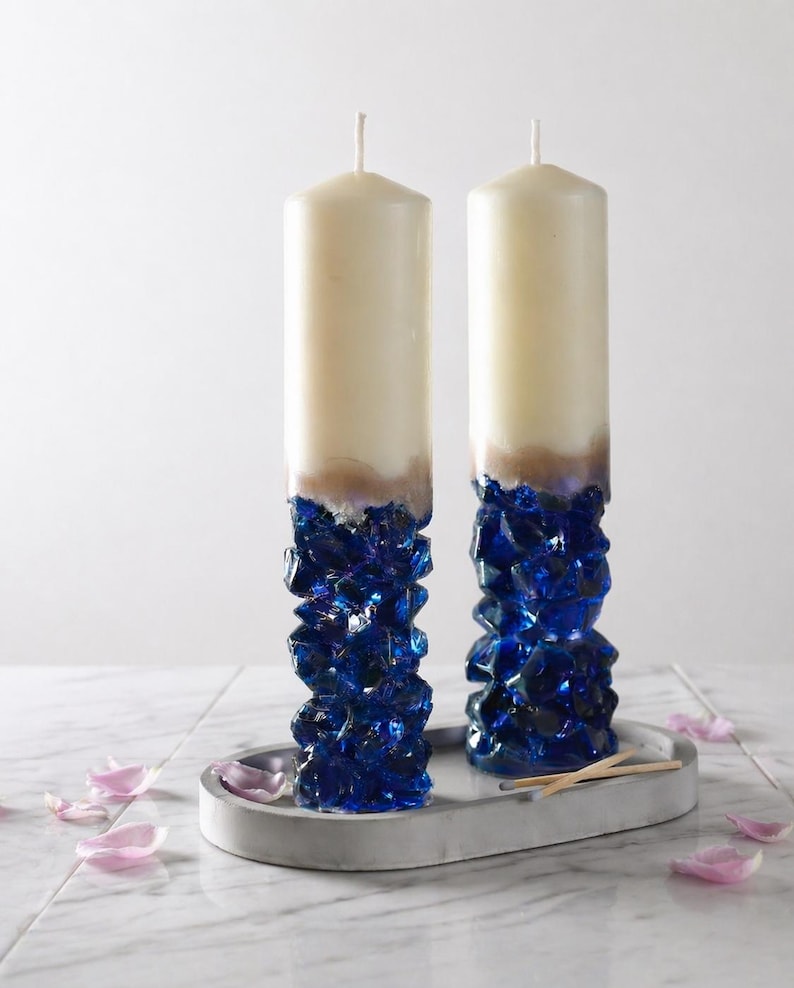 Navy Blue Pillar Candle With Glass Base – Decorative Gift - Etsy