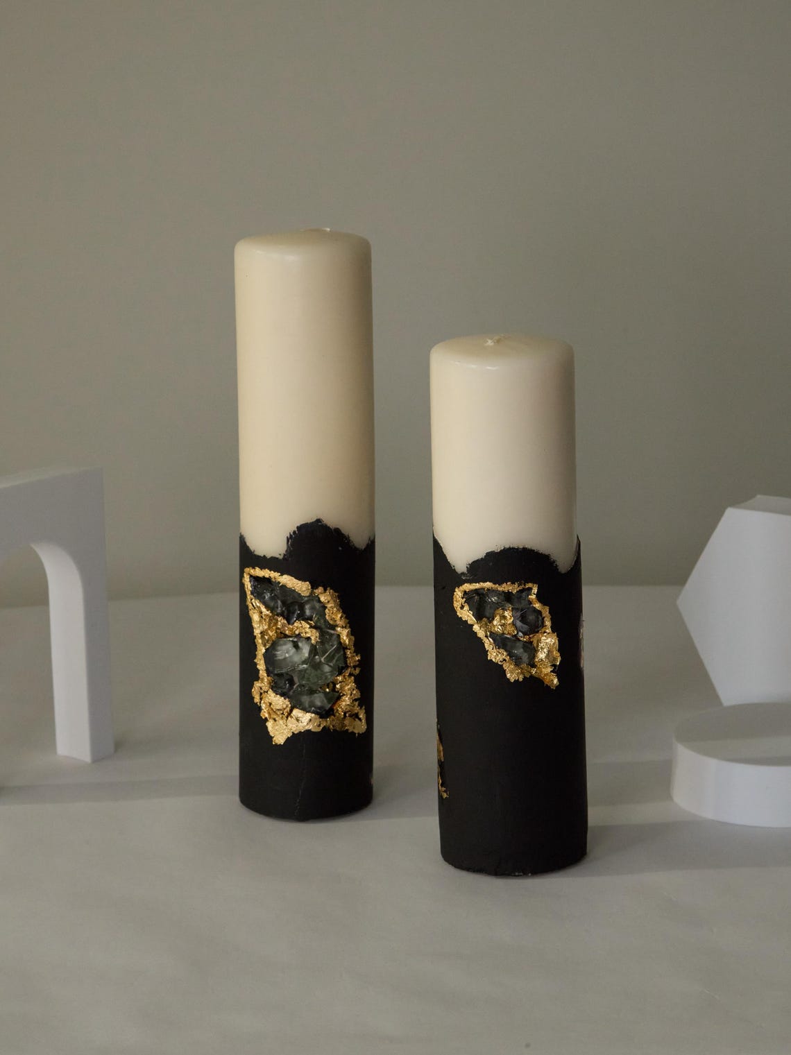 Handmade Pillar Candle Set: Black Cement, 14K Gold & Natural Glass - Etsy