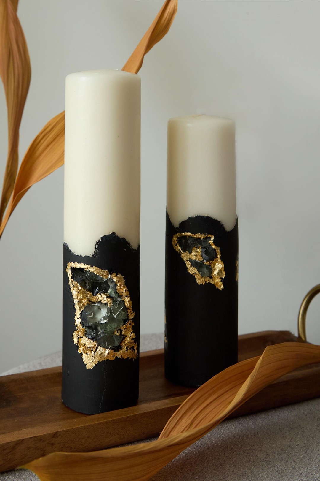 Handmade Pillar Candle Set: Black Cement, 14K Gold & Natural Glass - Etsy