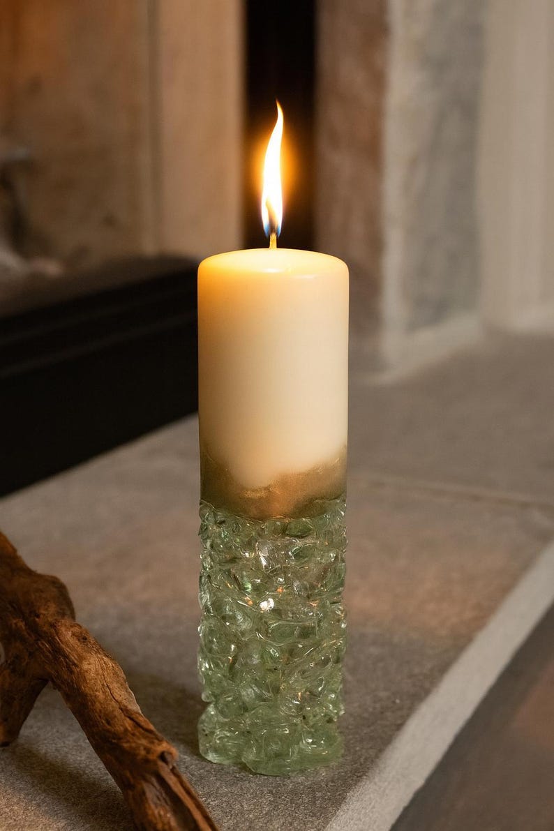 Handmade Crushed Glass Base Candle Set: Unscented Soy Pillar Candles - Etsy