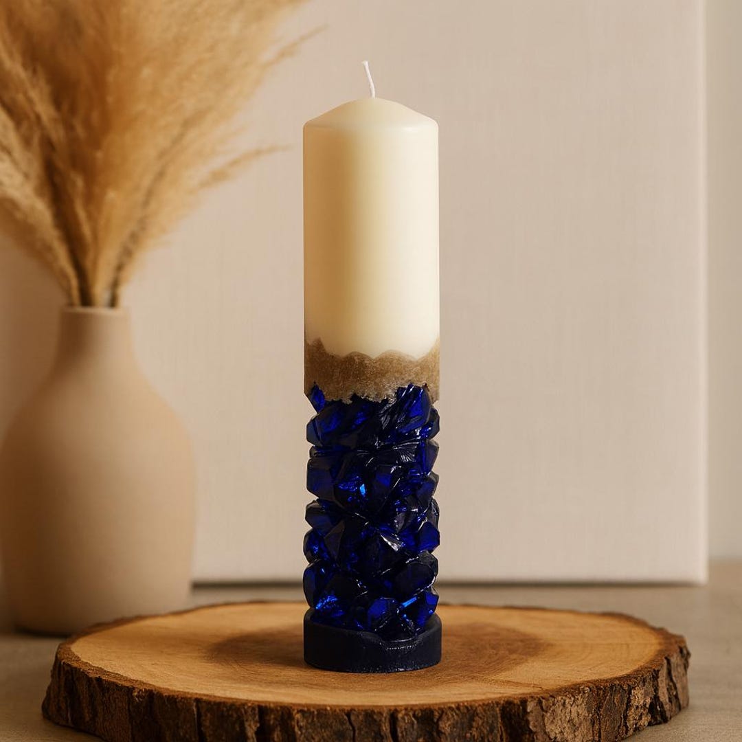 Dark Blue Pillar Candle — Luxury Soy Crystal Candle for Modern Home ...