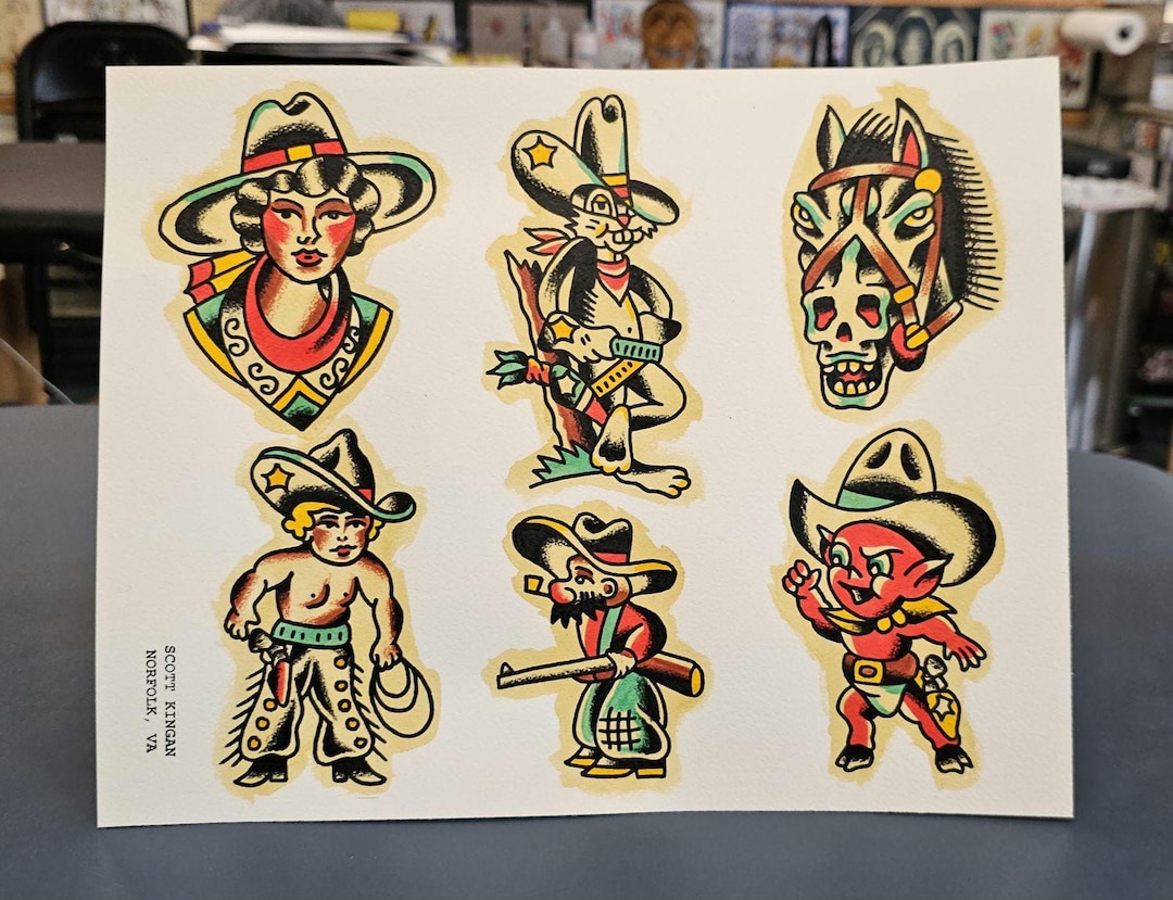 Cowboy Tattoo Flash Print - Etsy
