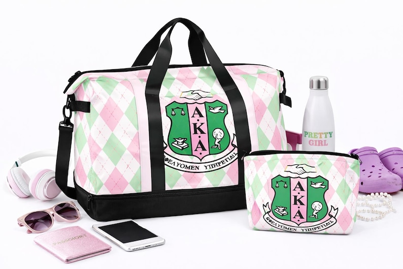 Pink and Green Argyle Travel Duffel Bag Set With Matching Toiletry Bag ...