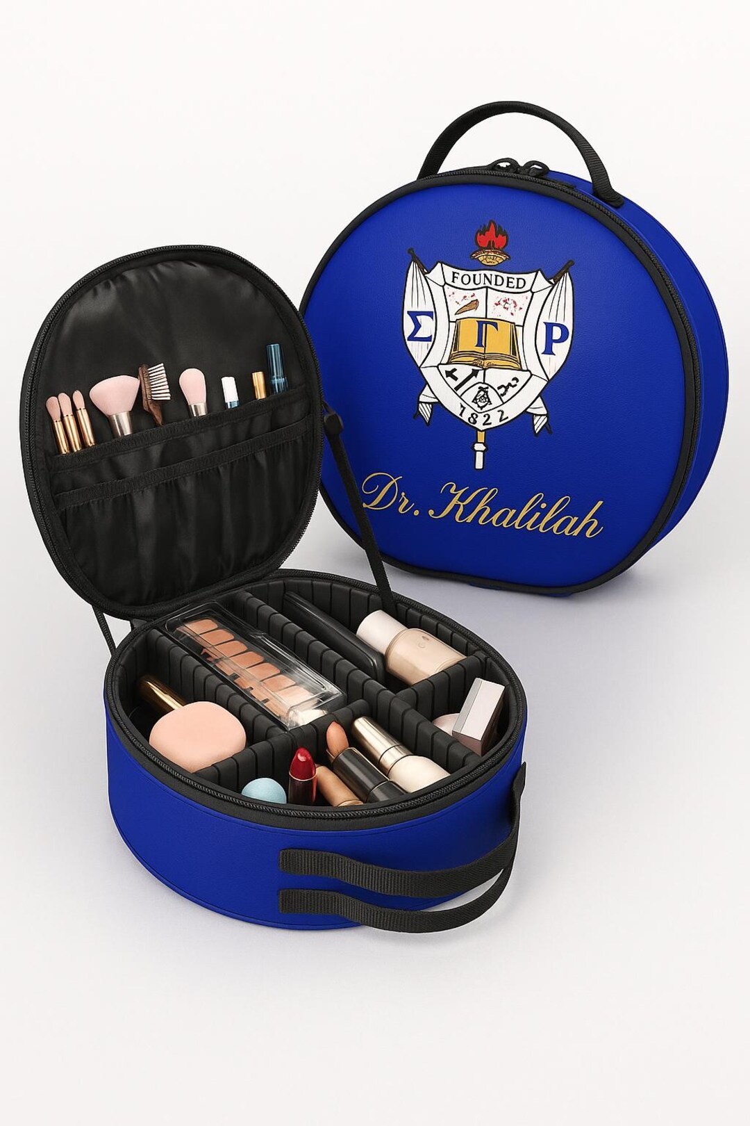 Luxury Sigma Gamma Rho Makeup Bag for Women | Custom Round Cosmetic ...