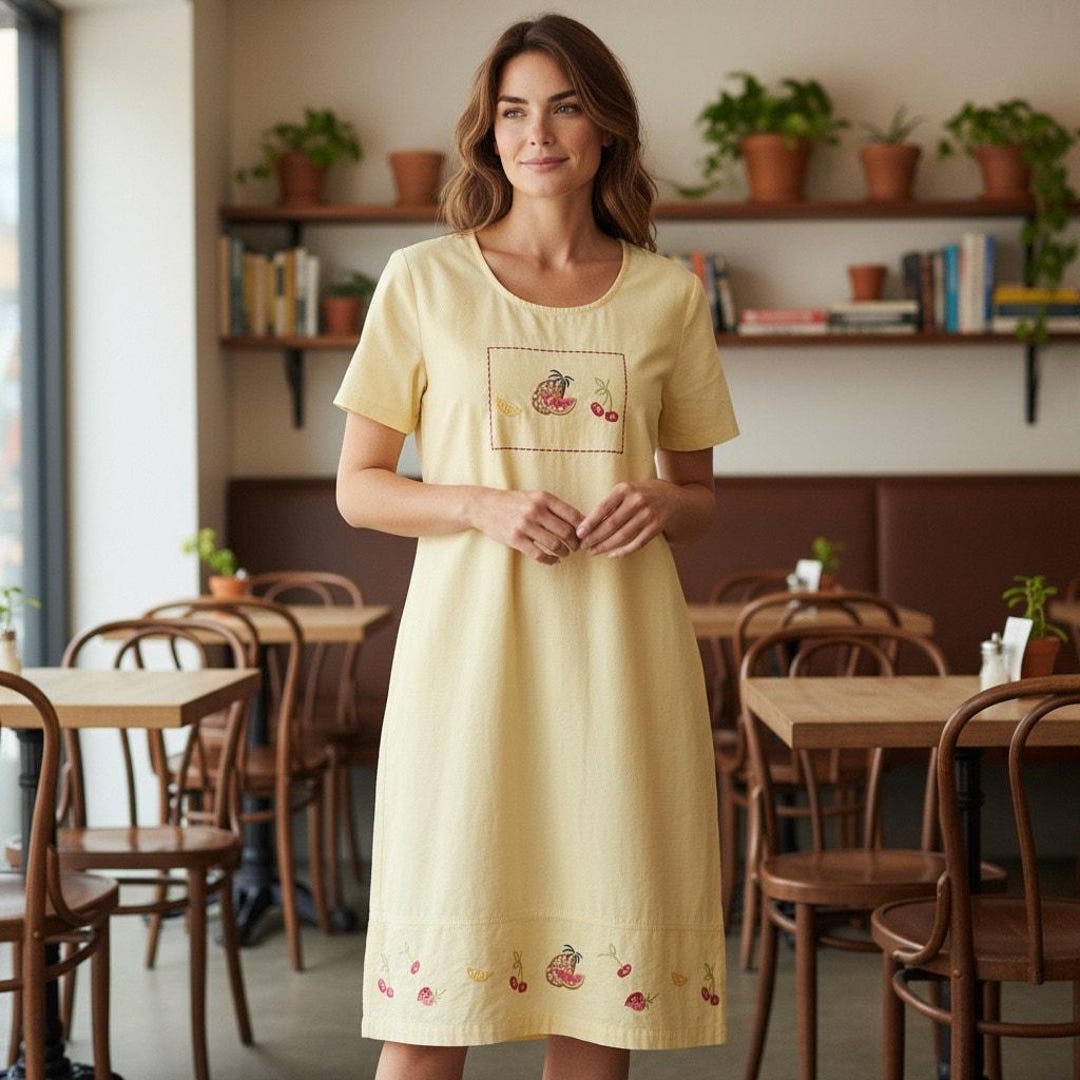 Jane Ashley Woman Shift Dress Butter Yellow Fruit Applique Beads 2X Vtg ...