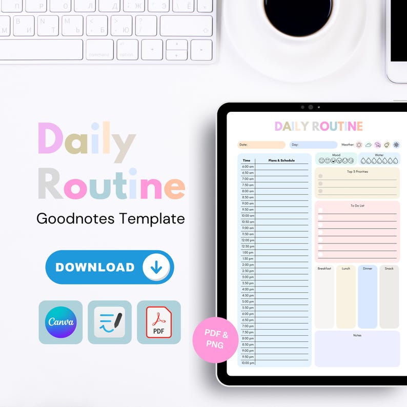 Daily Routine Planner, Goodnotes Template, Canva Editable (PDF) - Etsy