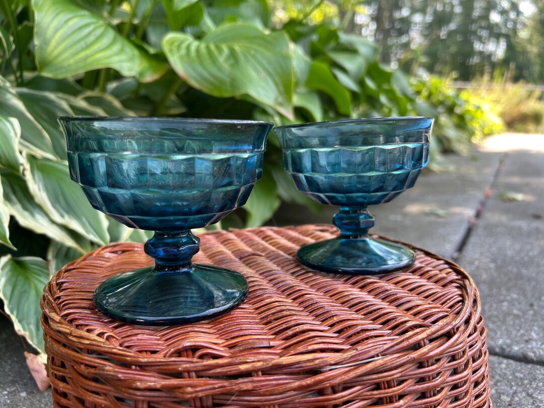 Vintage Indiana Glass Sherbet Glasses - Riviera Blue Whitehall Cube ...