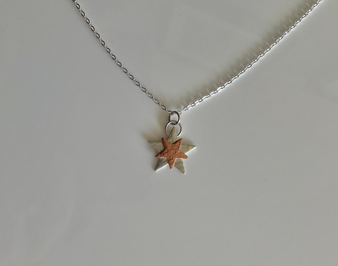 Collar de doble estrella de latón o cobre sobre plata de ley, colgante ...