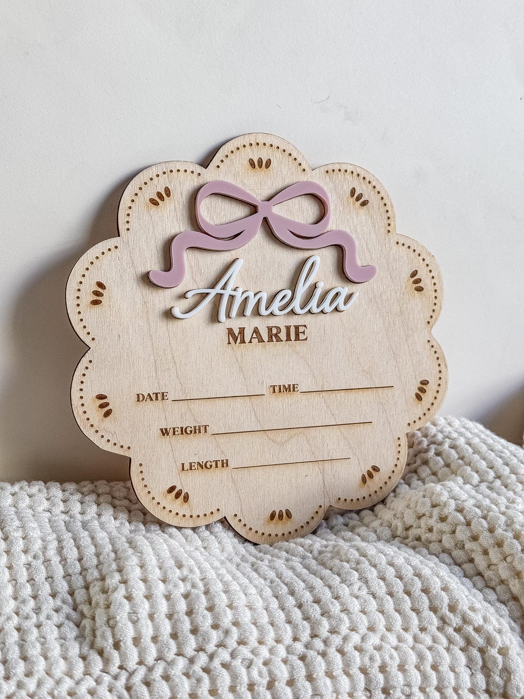 Birth Stat Sign Bow Sign Baby Name Pink Girl Personalized Nursery Decor ...