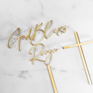 God Bless Gold Mirror Cake Topper Baptism Mi Bautizo Christening Charm ...