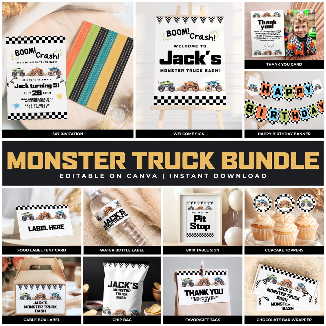 Monster Truck Birthday Party Bundle: Editable Canva Template (digital ...
