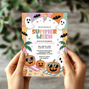 Summerween Birthday Party Invitation Editable Template Halloween Pool ...