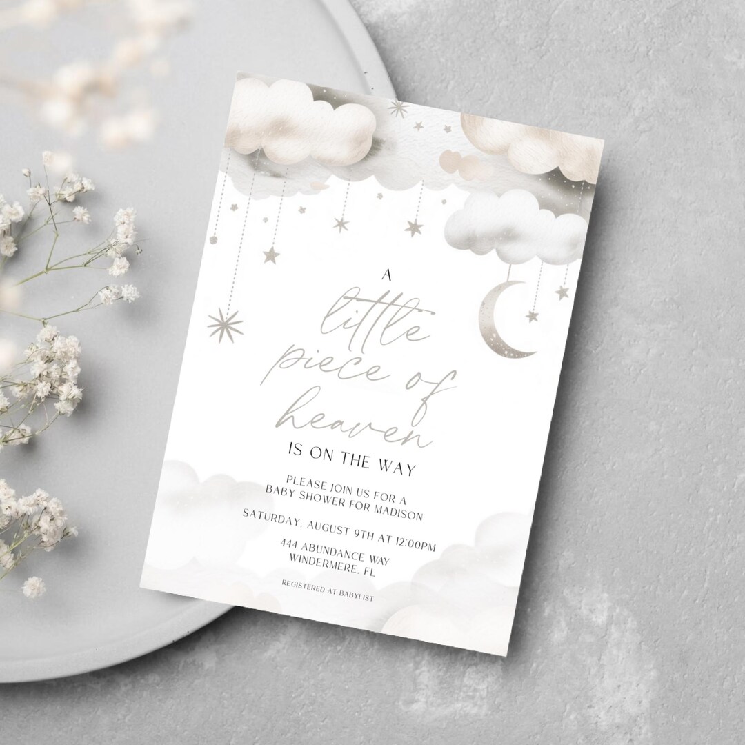 A Little Piece of Heaven Baby Shower Invitation Editable Cloud Theme ...