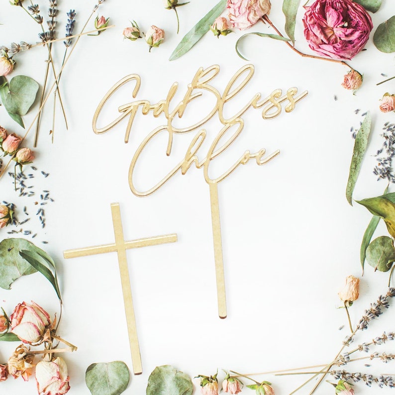 God Bless Gold Mirror Cake Topper Baptism Mi Bautizo Christening Charm ...