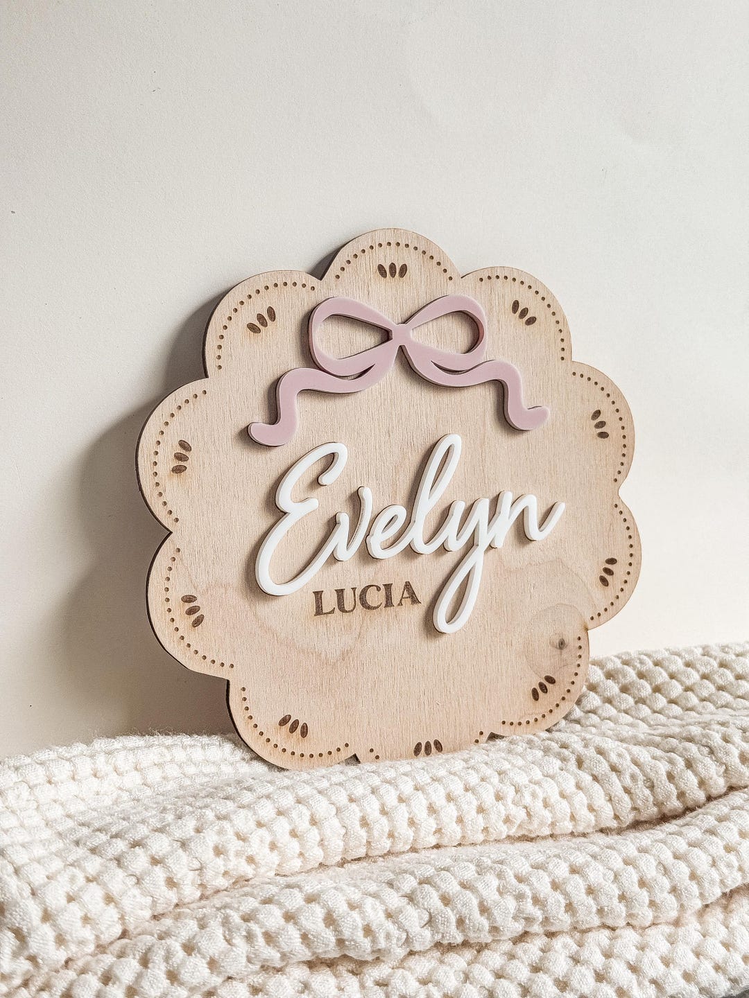 Wooden Baby Name Sign Bow Pink Girl Personalized Nursery Decor Birth ...