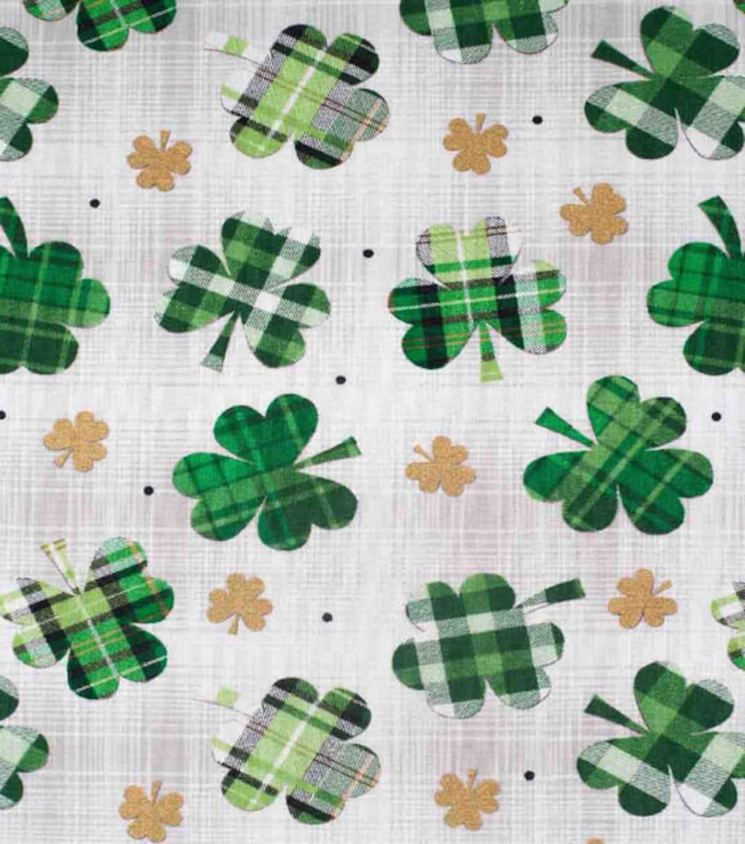 Shamrock Fabric Shamrocks & Dots Metallic on White St. Patrick's Day ...