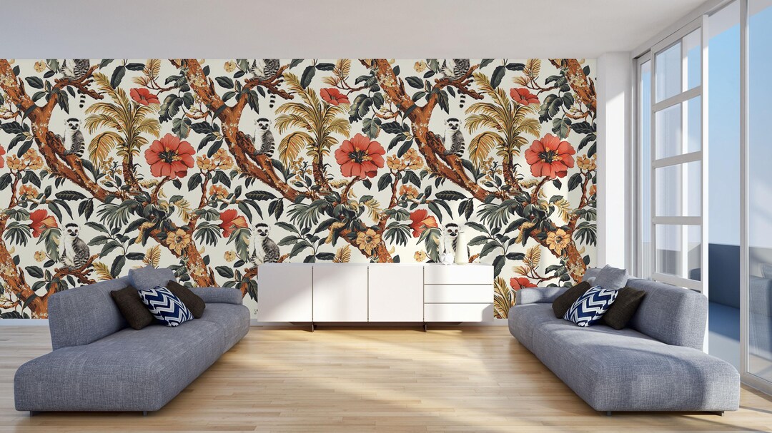 Tropical Lemur Wallpaper: Vintage Safari Peel and Stick Wall Mural - Etsy