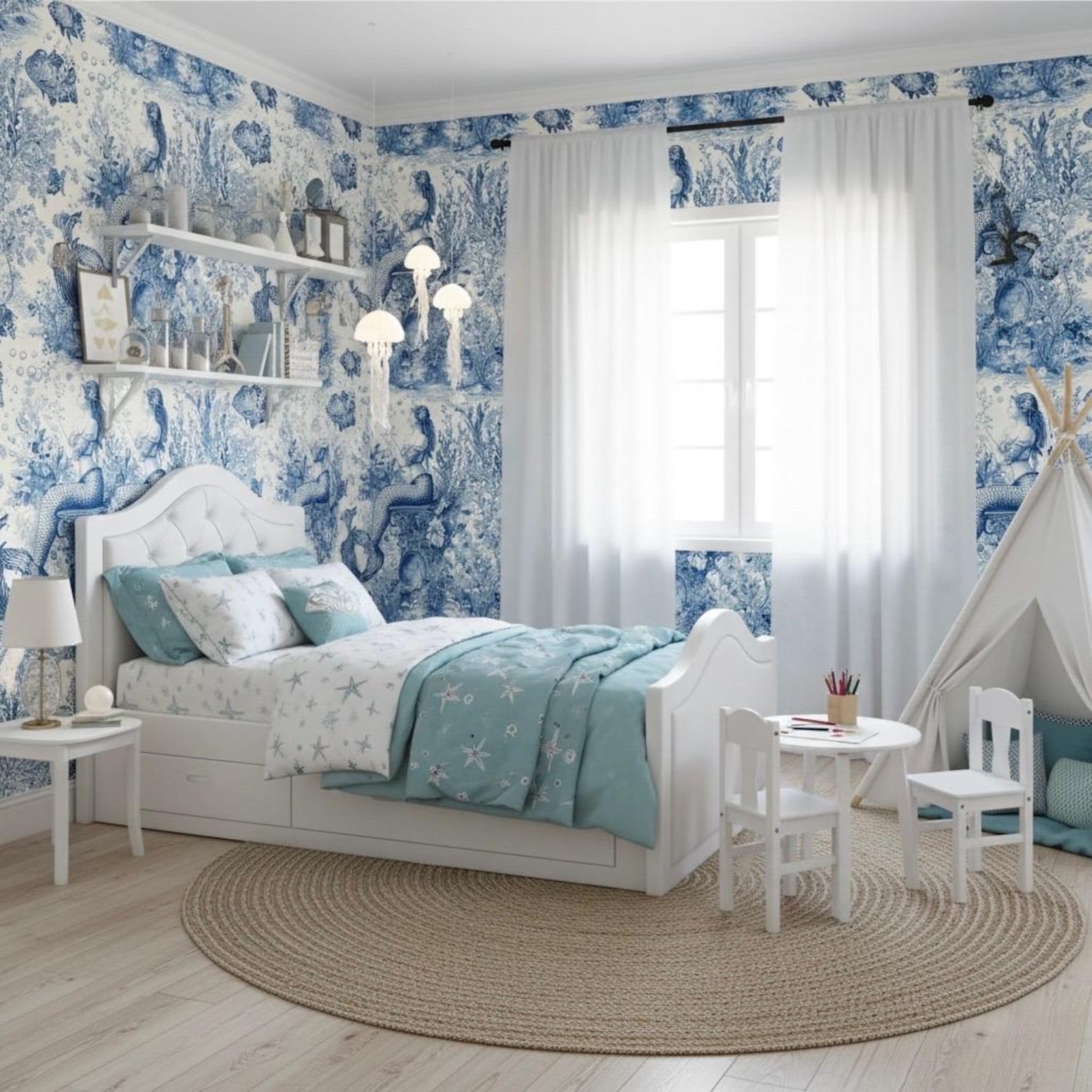 Blue Mermaid Toile Wallpaper - Under the Sea Wall Mural, Ocean Theme ...