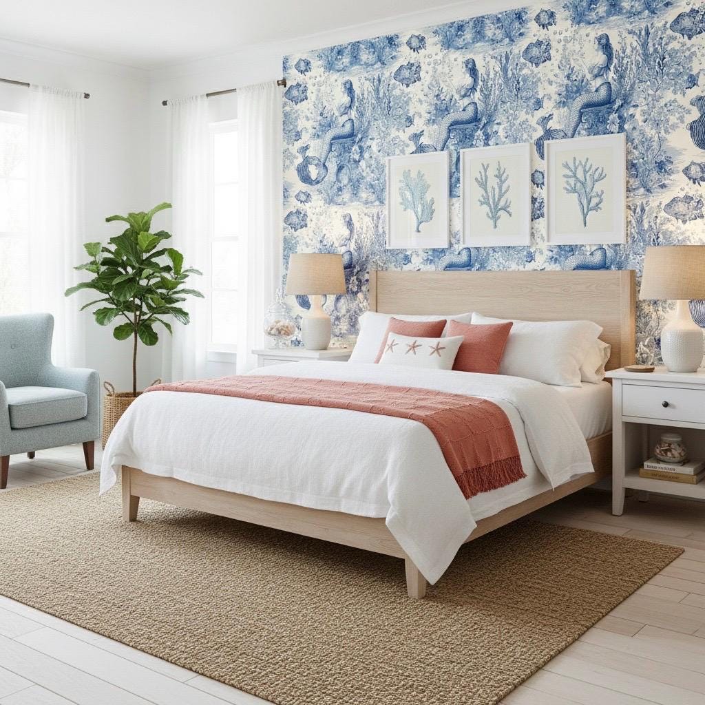 Blue Mermaid Toile Wallpaper - Under the Sea Wall Mural, Ocean Theme ...