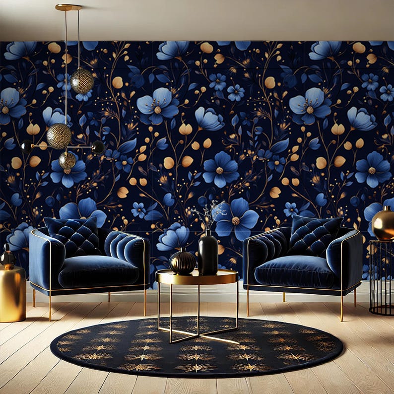 Luxury Navy Blue Floral Wallpaper With Gold Accents | Peel and Stick ...