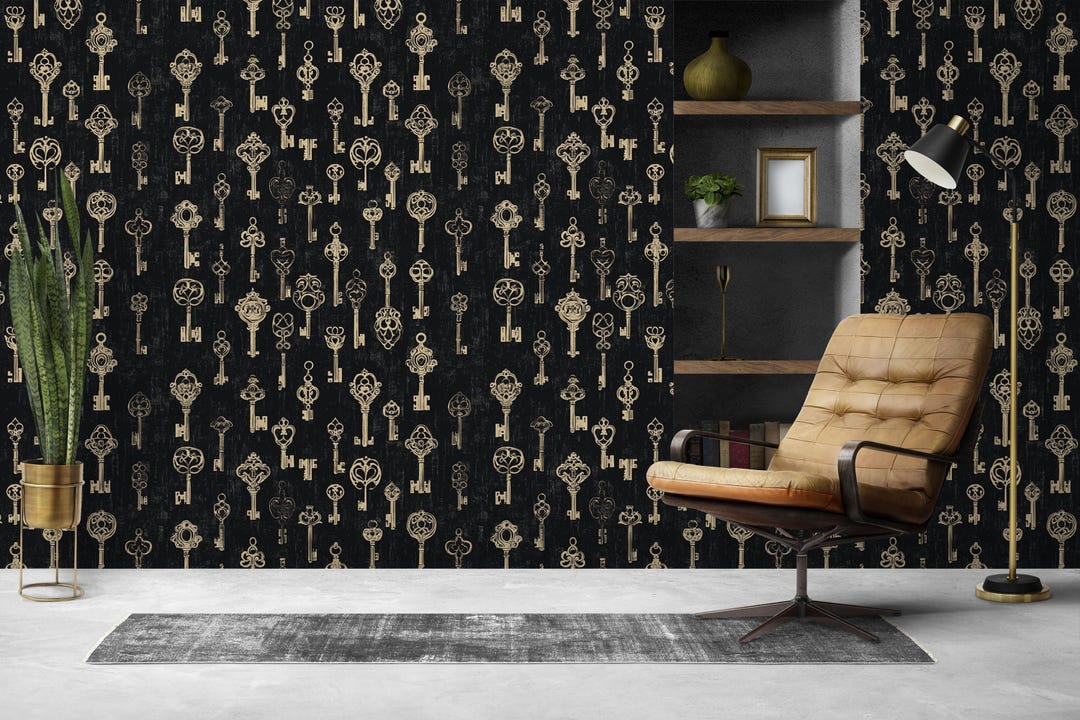 Gothic Skeleton Key Wallpaper: Black and Gold Steampunk Mural - Etsy