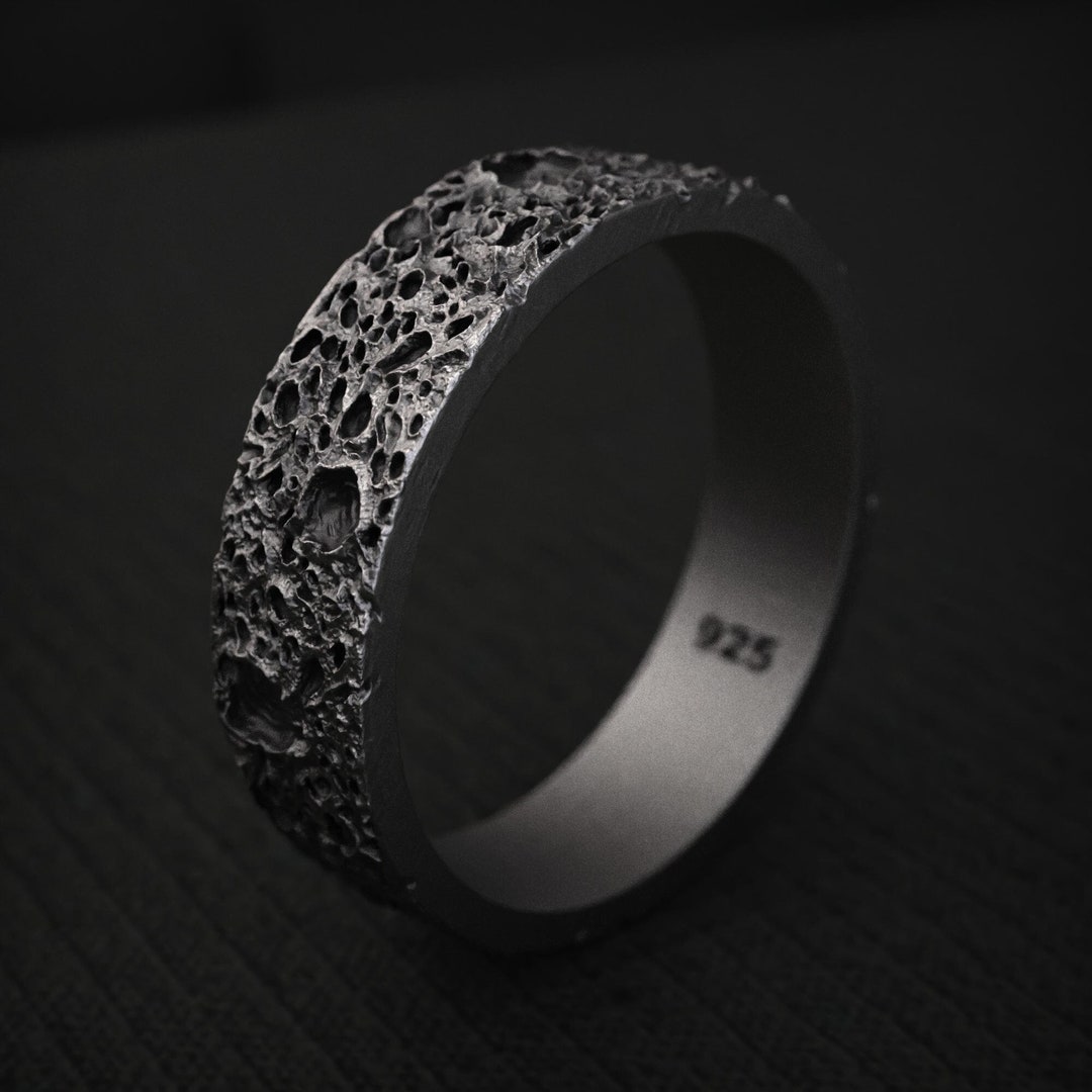 Men's Moon Ring: Sterling Silver Crater Texture - Handmade Wedding Band ...
