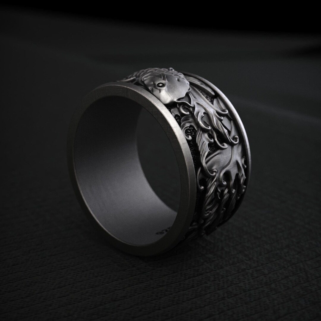 Handmade Japanese Koi Fish Silver Ring Waves Engraved Carp Band Japan ...