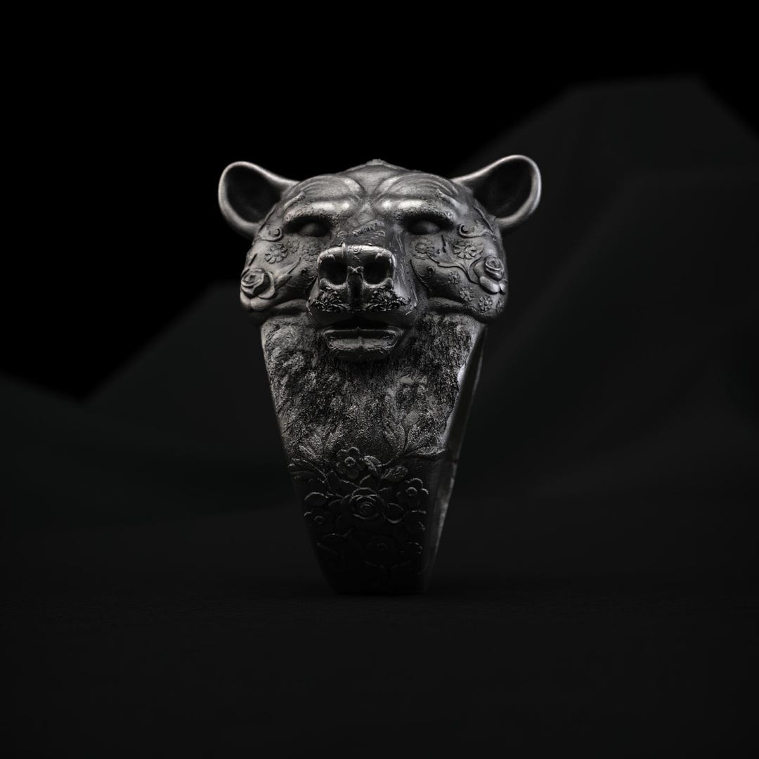Floral Engraved Bear Head Ring, Sterling Silver Gothic Animal Totem ...