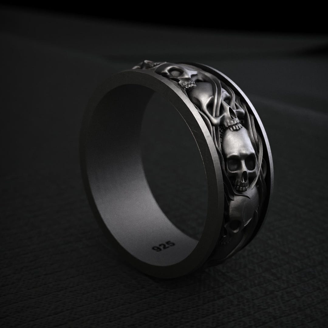 Oxidized Sterling Silver Skull Ring, Gothic Biker Band - Etsy