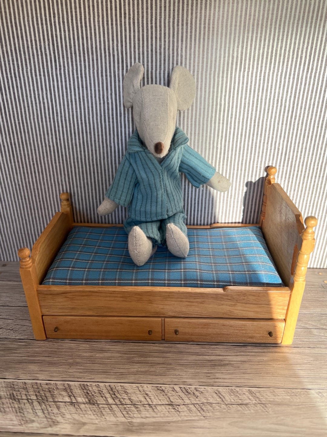 Vintage Wooden Miniature Bed With Blue Mattress, Perfect for Maileg ...