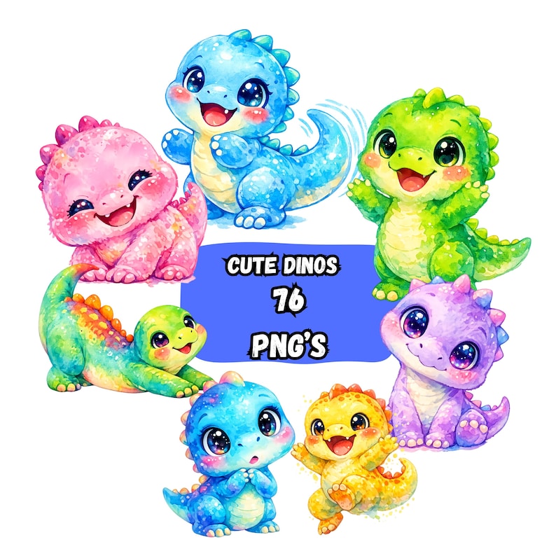 Watercolor Baby Dinosaur Clipart Bundle, Kawaii Dino PNG Set (instant ...