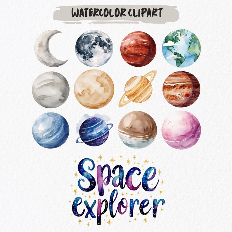 Watercolor Space Clipart Bundle | 55+ PNG Files | Planets, Astronauts ...