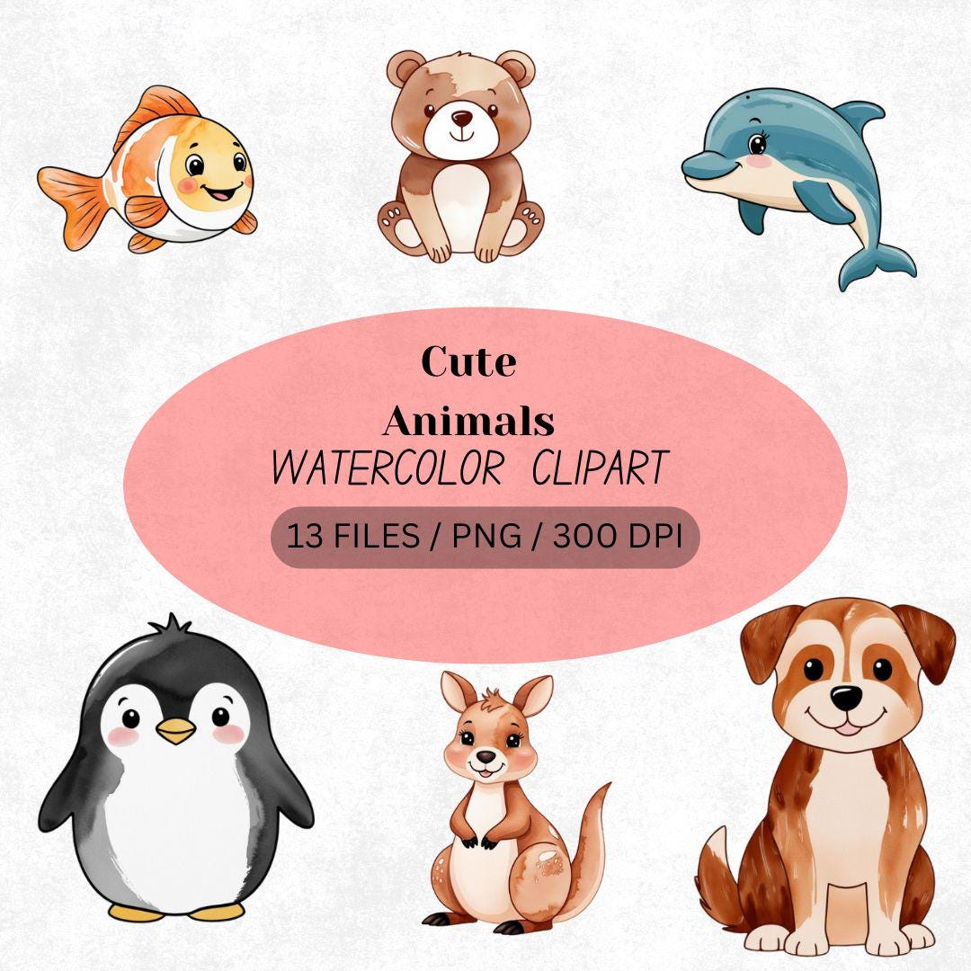 Cute Animal Clip Art Watercolor Clipart Bundle - 13 PNG Files, 300 DPI ...