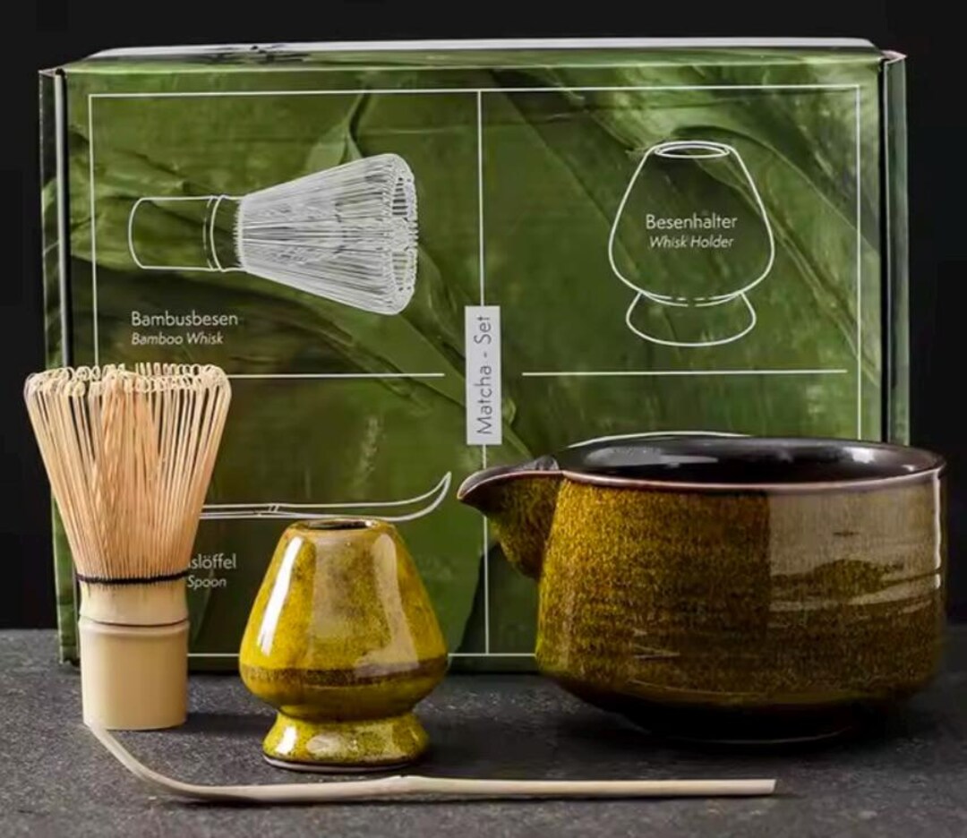 Yellow Ceramic Matcha Bowl Set With Bamboo Whisk and Chasen Holder ...