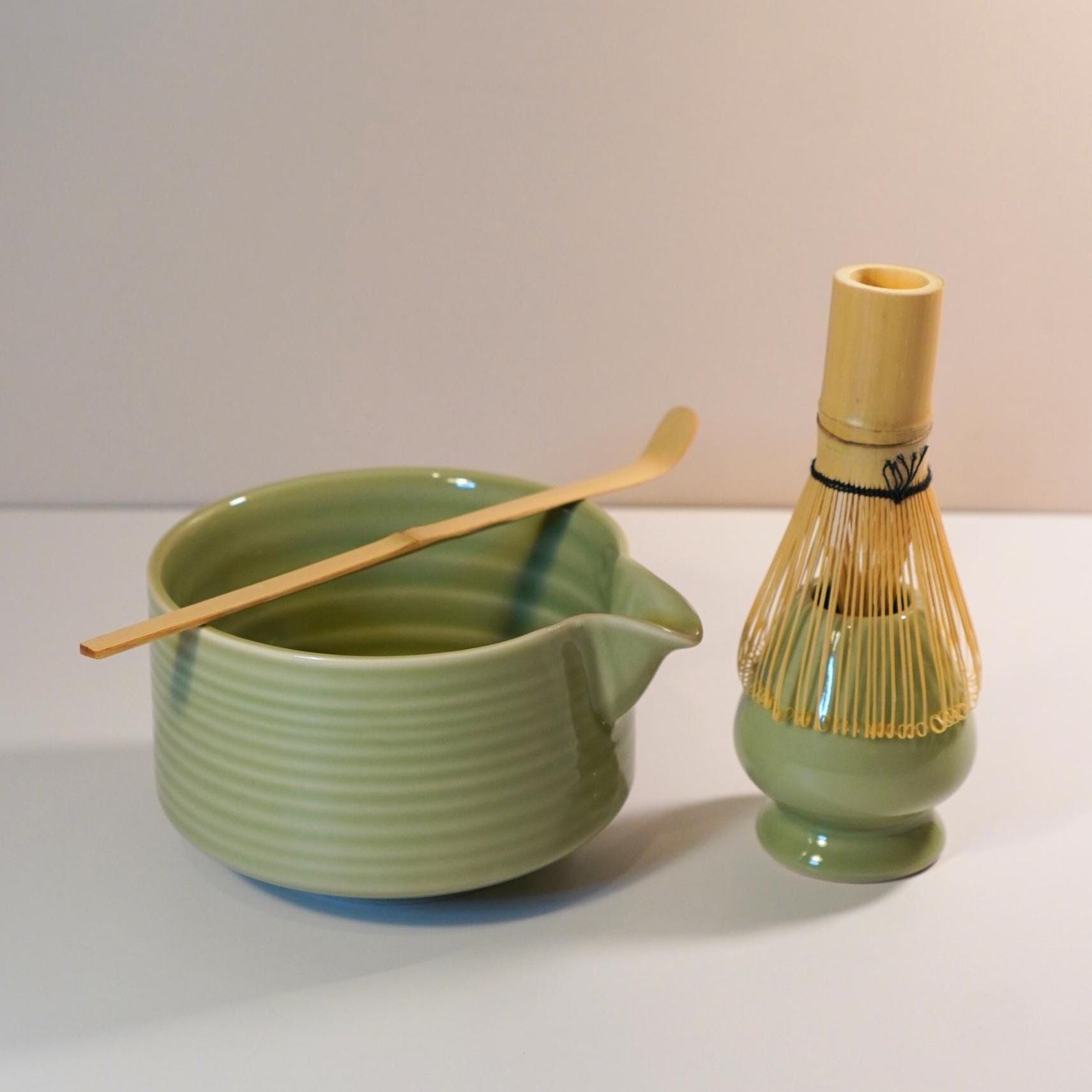 Light Green Ceramic Matcha Bowl Set With Bamboo Whisk and Chasen Holder ...