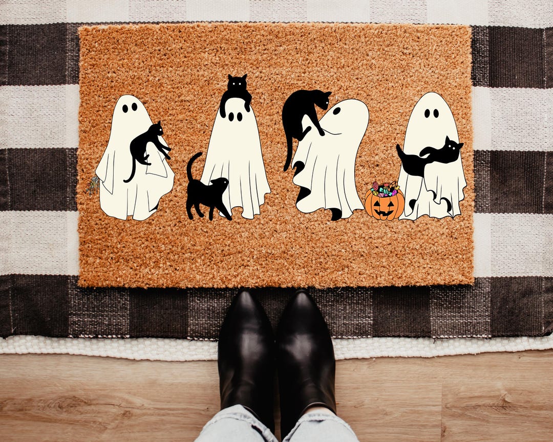 Cat Halloween Door Mat, Spooky Cats Doormat, Fall Decor, Halloween ...