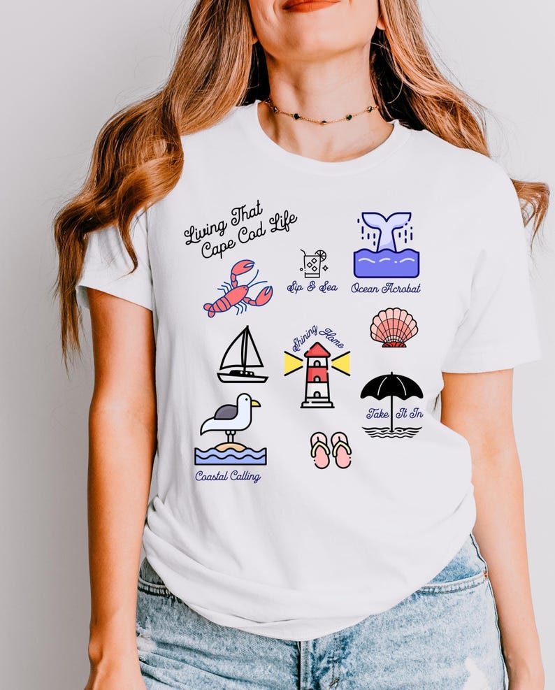 Cape Cod T-shirt, Bella+canvas Beach Doodle Art Tee, Seagull Lighthouse ...