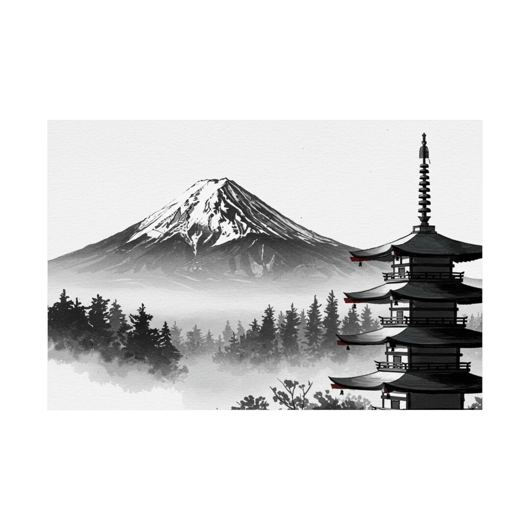 Japanese Sumi Ink Painting Art Mount Fuji Poster, Japanese Pagoda, Mt ...