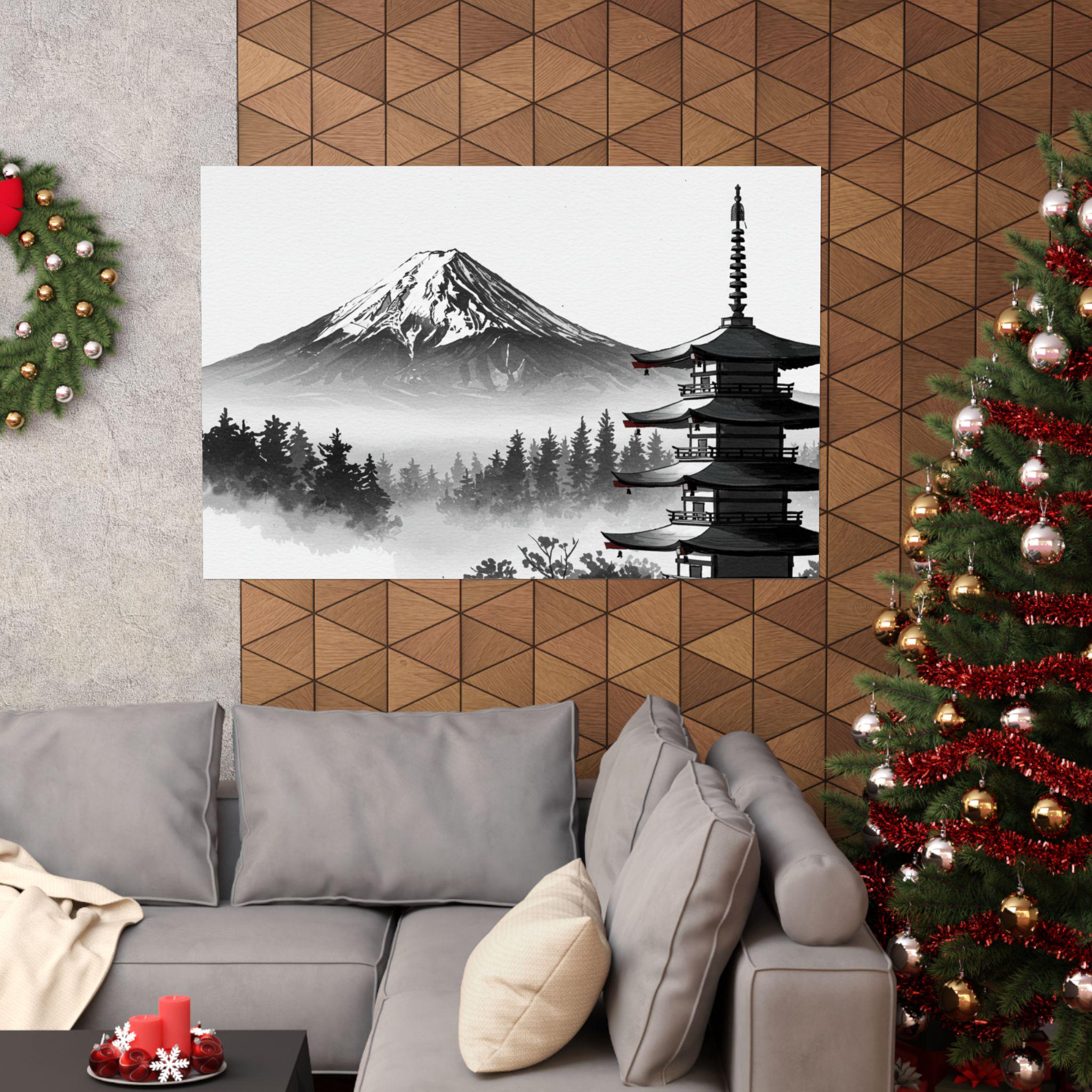 Japanese Sumi Ink Painting Art Mount Fuji Poster, Japanese Pagoda, Mt ...
